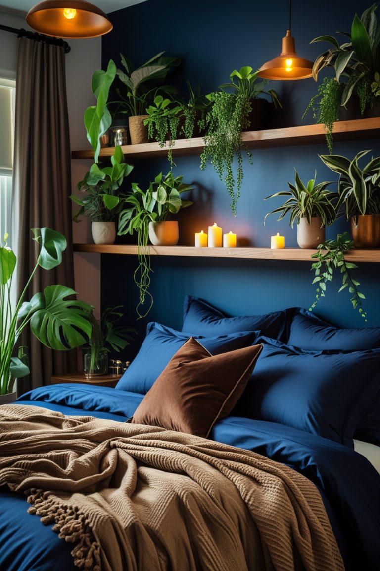 Cozy Blue Bedroom with Warm Lighting & Lush Green Plants - Idea Dash