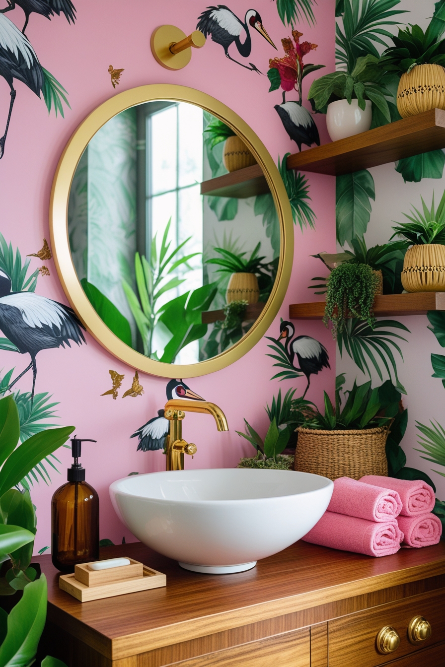 Vibrant Tropical Powder Room with Gold Accents - Idea Dash