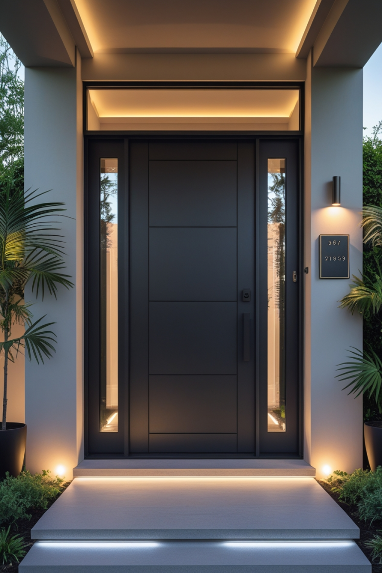 "Sleek Modern Front Door with Lighting & Natural Accents" - Idea Dash