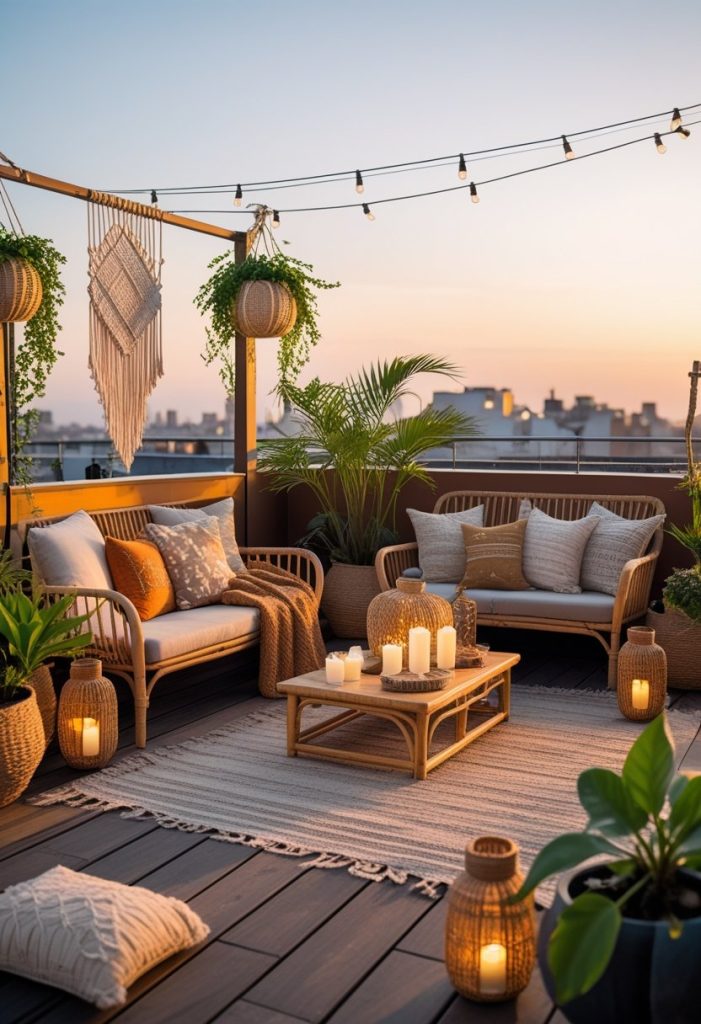 Boho Rooftop Terrace with Earthy Tones & Cozy Vibes - Idea Dash