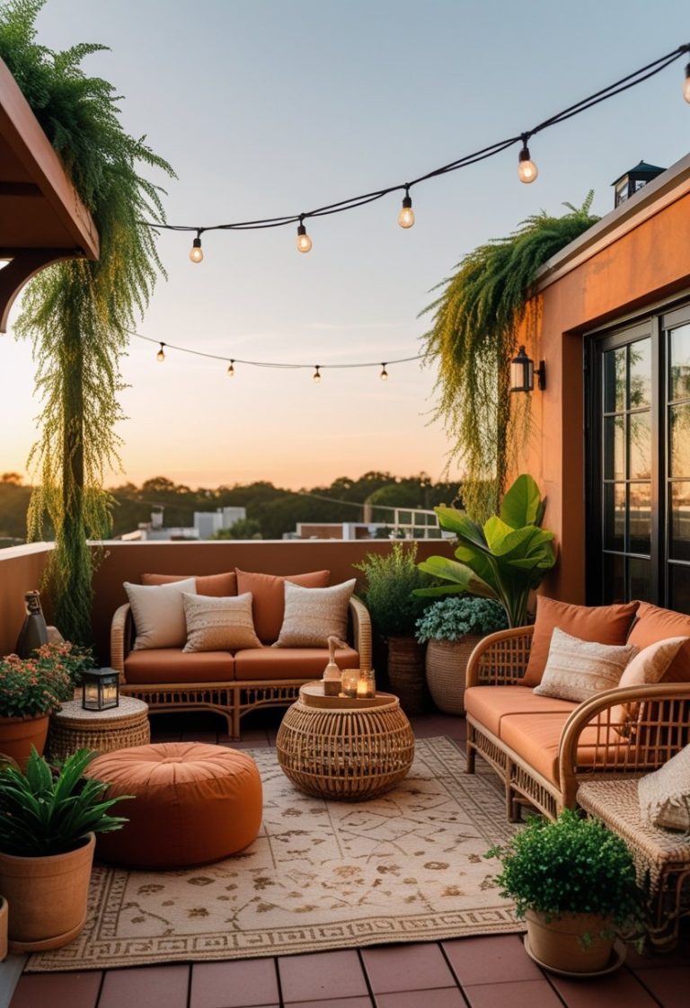 Boho Rooftop Terrace with Earthy Tones & Cozy Vibes - Idea Dash